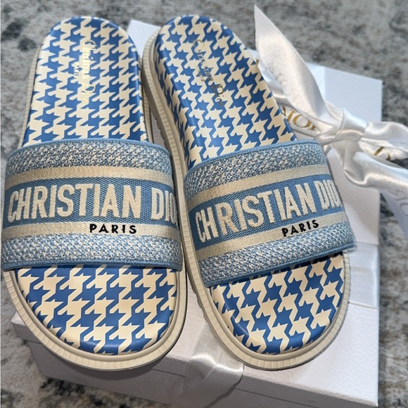 Shoes | Christian Dior Blue Houndstooth Slides | Poshmark